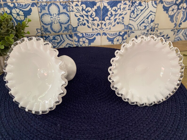 Pair of Vintage Fenton White Milk Glass Silver Crest - Etsy