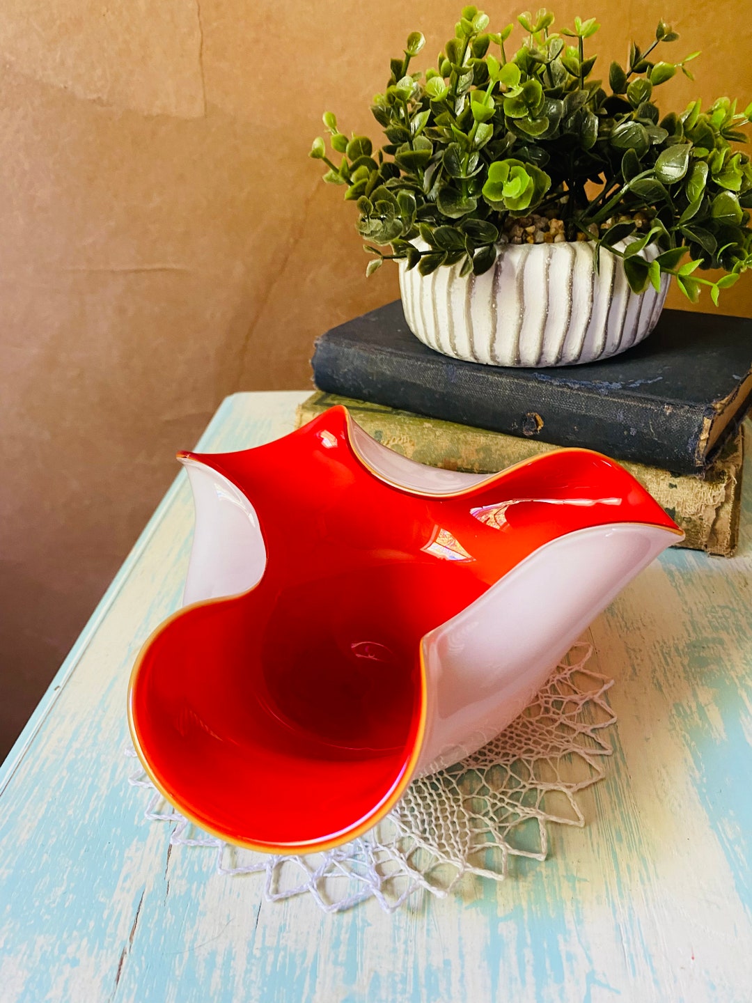 Japanese Red & White Cased Glass “wales” Biomorphic Modern Bowl - Etsy
