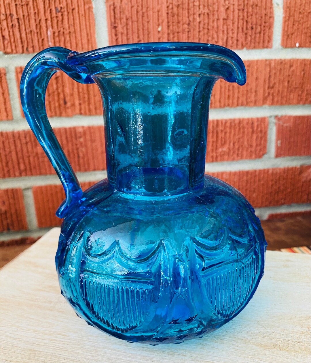 Clevenger Brothers Azure Blue Glass Pitcher: Shields & Stars - Etsy