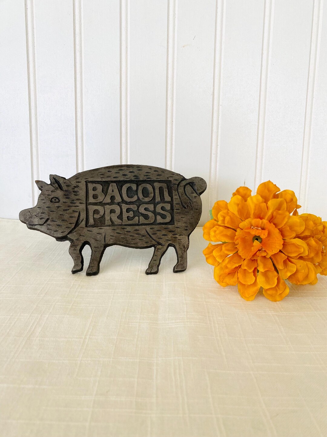 Cast Iron Pig Bacon Press W/wooden Handle - Etsy