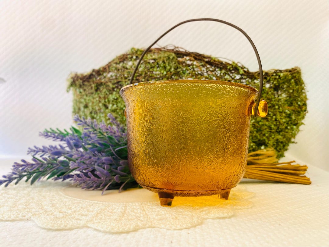 Light Amber Cauldron Textured Glass W/ Wire Handle - Etsy