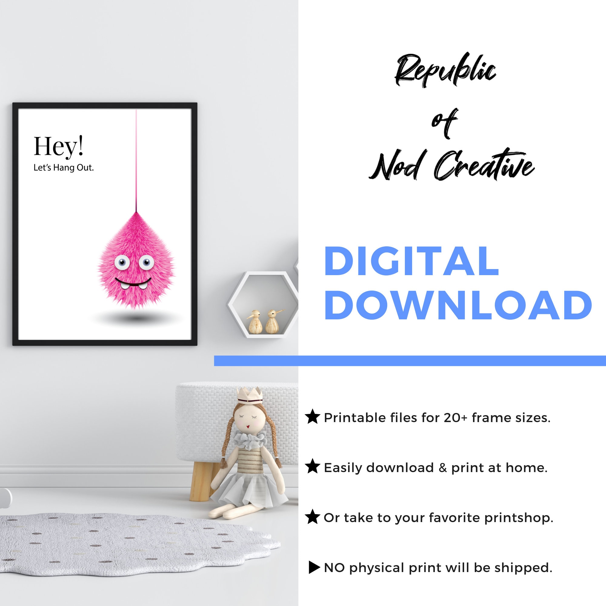 Nursery PRINTABLE (pink Hanging Monster) Wall Art for Girls & Boys ...