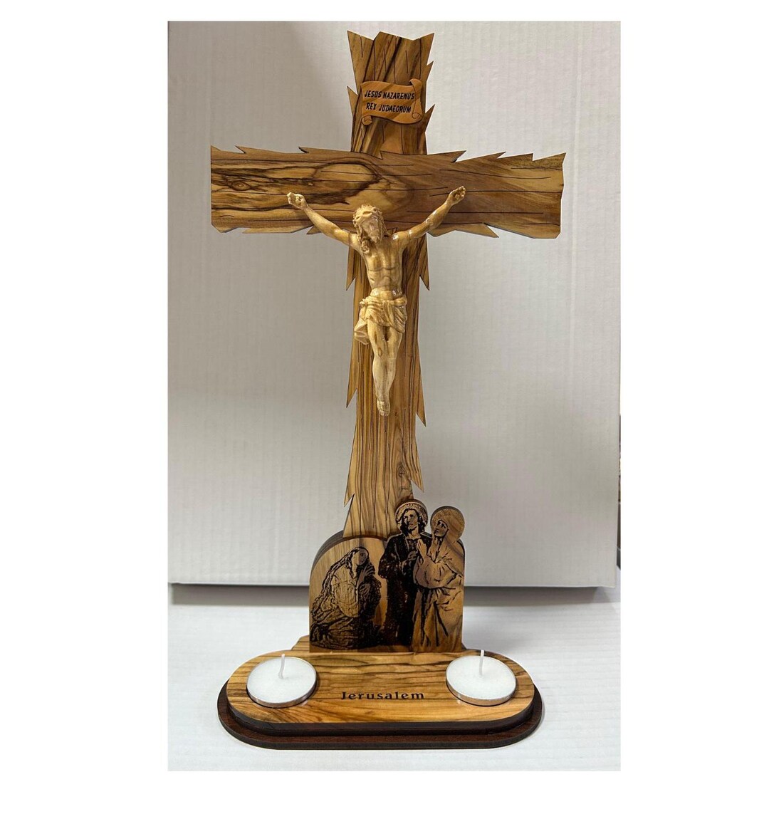 Cross - Olive Wood Jesus Cross With Candle Base From Holyland ...