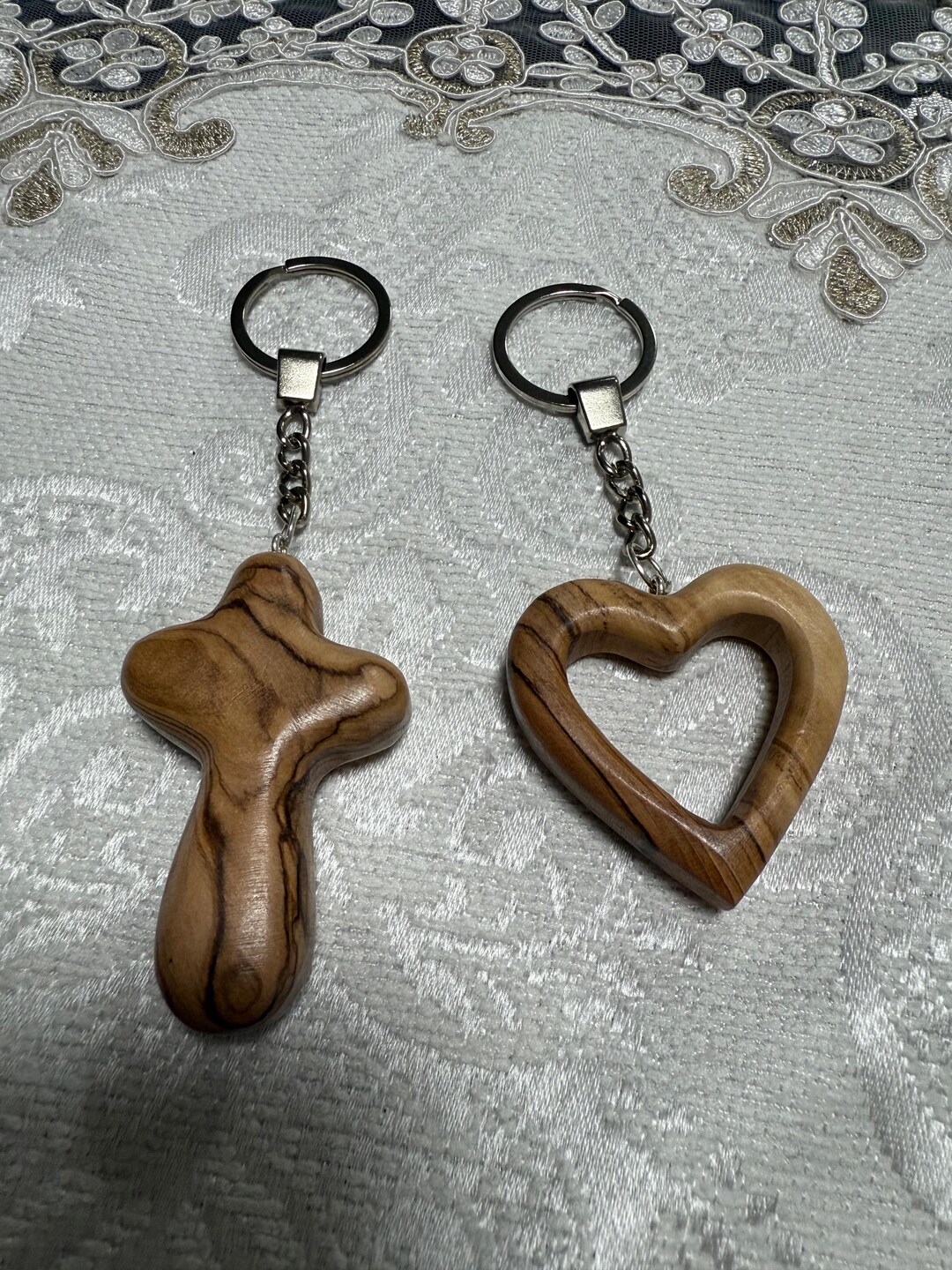 Handcrafted Olive Wood Heart & Cross Keychain - Holyland Keepsake - Etsy