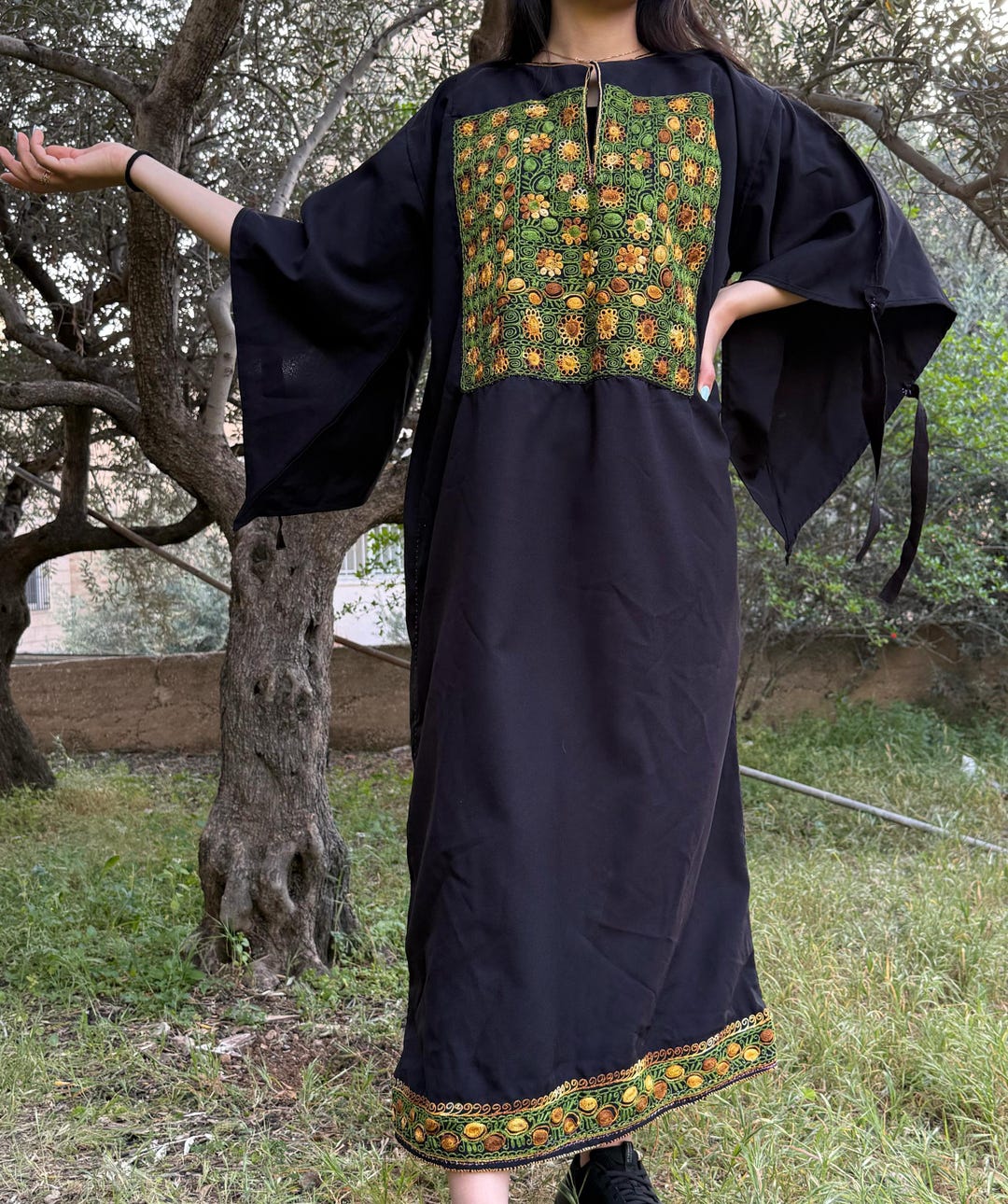 Palestinian Hand Embroidered Thobe - Black Thob With Colorful Flowers ...