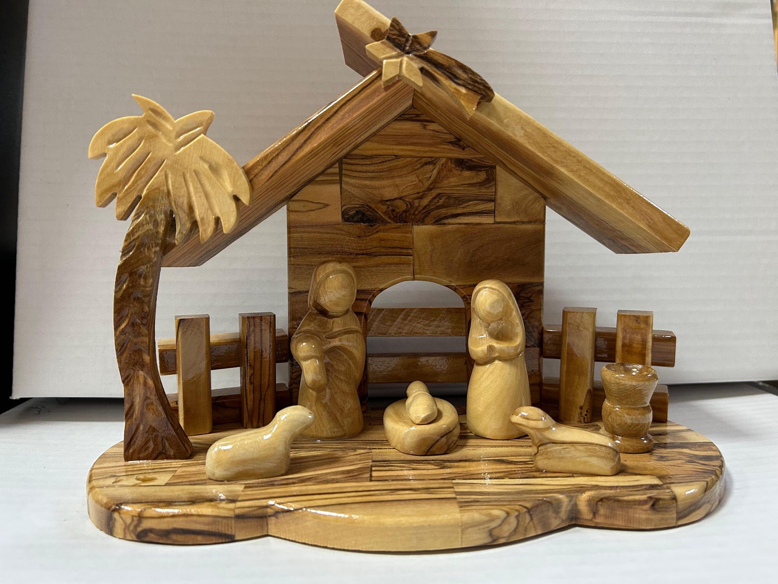 Grotto - Olive Wood Nativity Birth Scene Grotto With a Star on Top ...