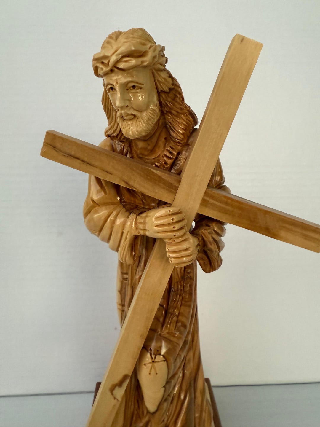 Olive Wood Jesus Carrying Cross Sculpture - Handmade Holyland Blessing ...