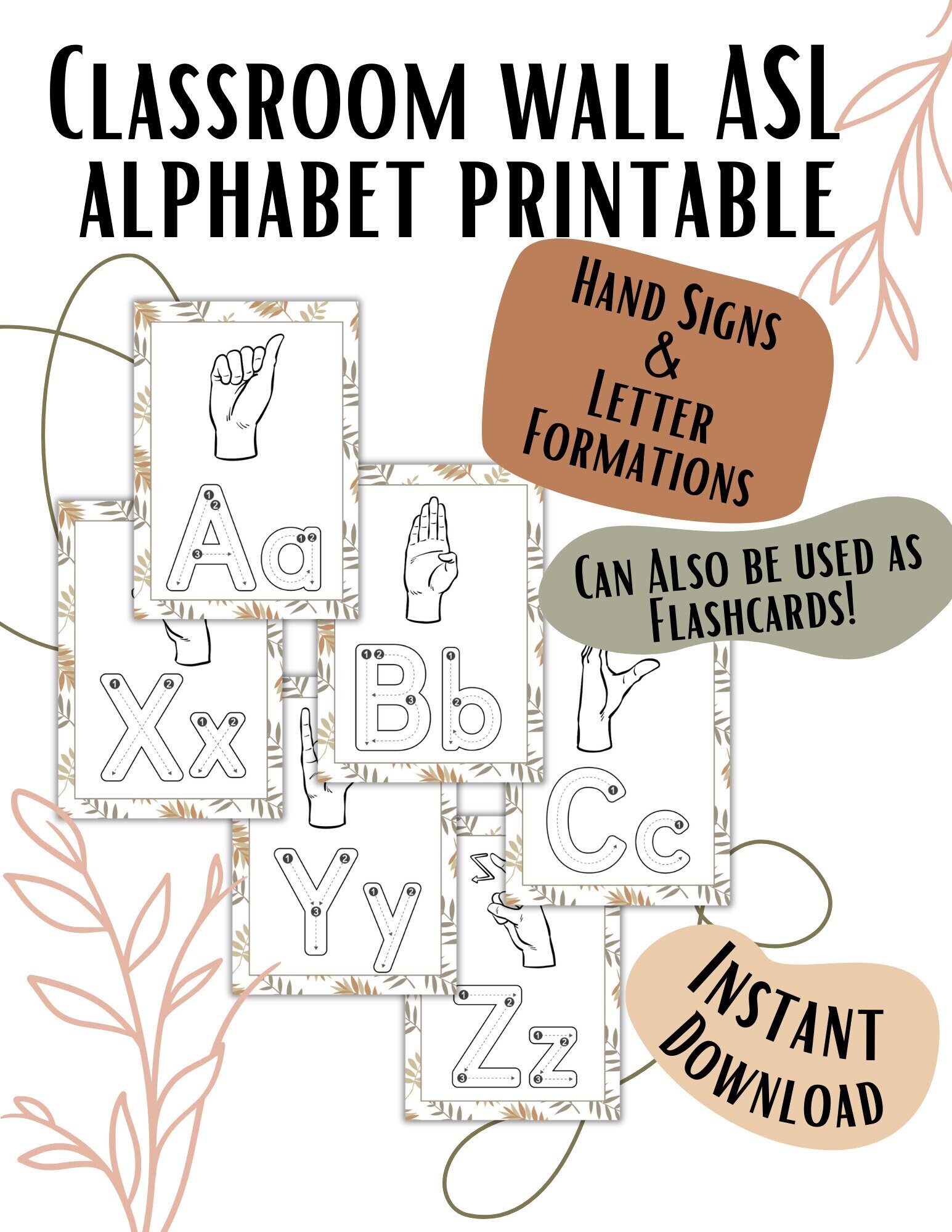 Boho ASL Alphabet Classroom Wall Posters - American Sign Language ABC ...