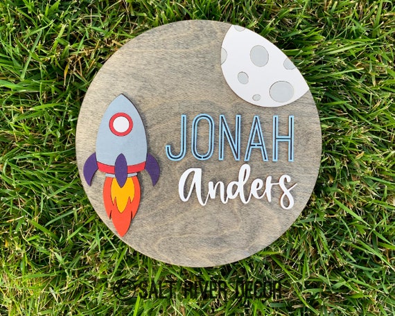 Rocket and Moon Nursery Sign Personalized First and Middle | Etsy
