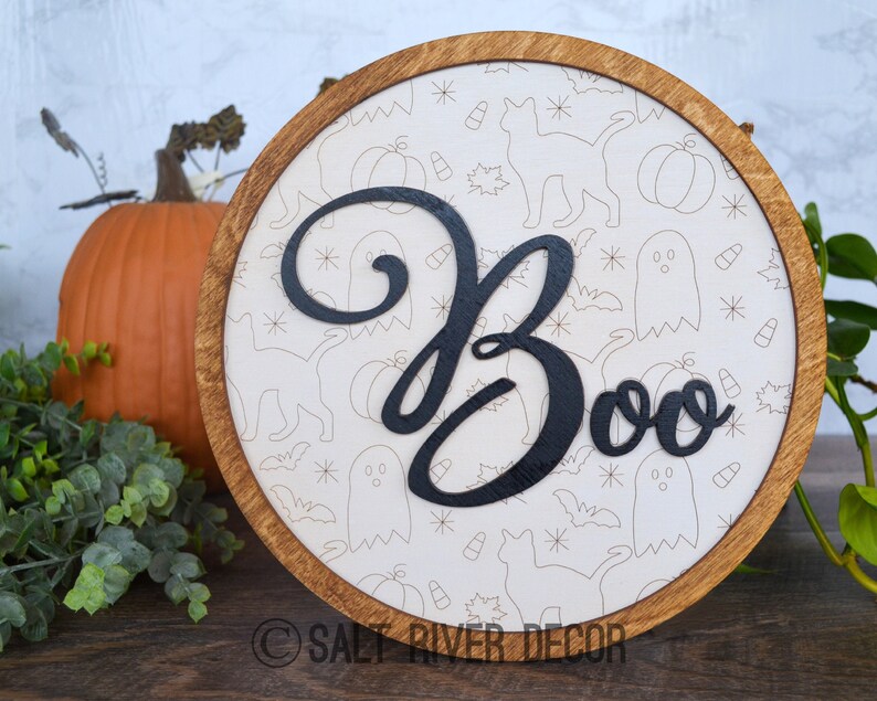 Boo Halloween Wood Sign Decor Circle Halloween Pattern Boo - Etsy