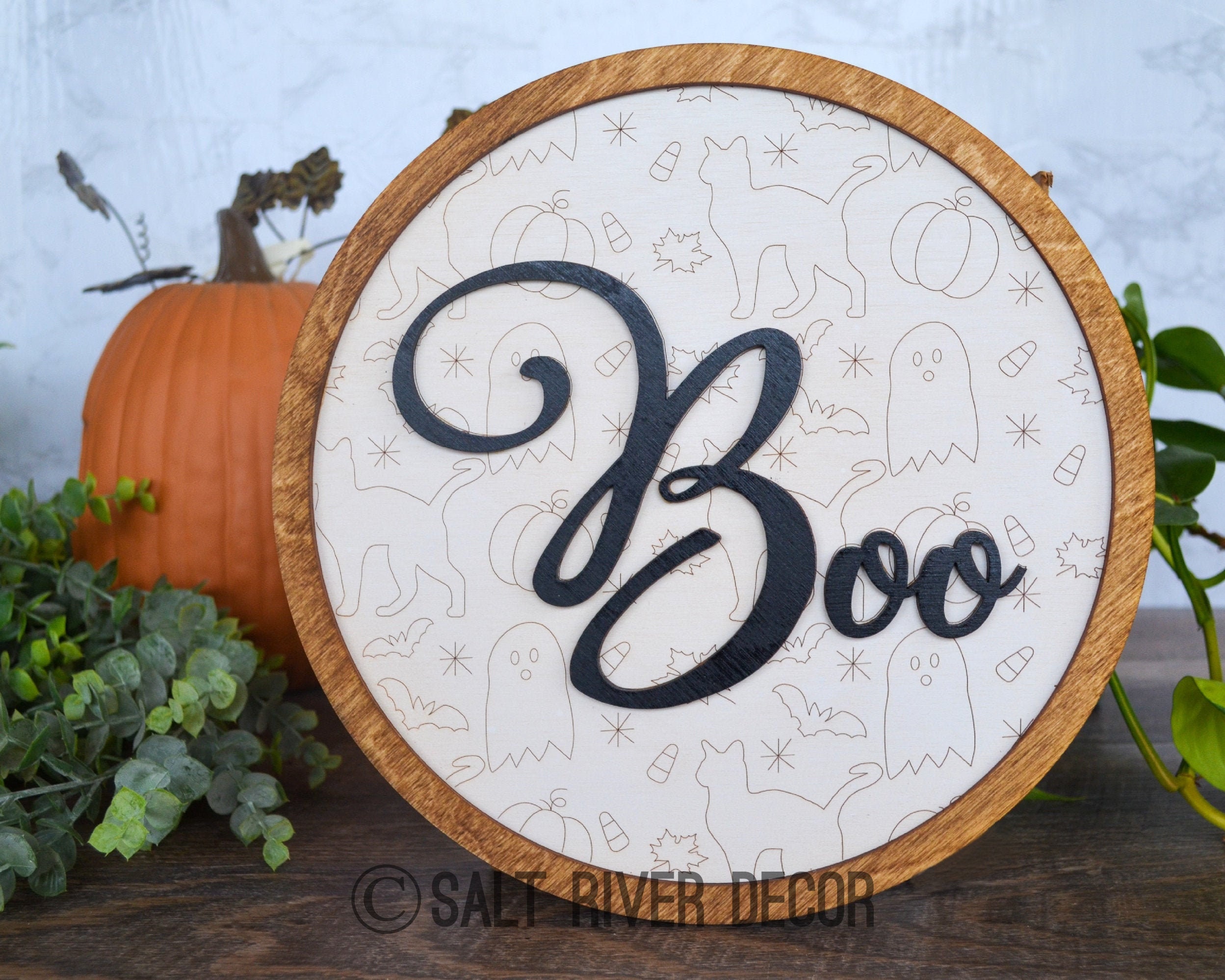 Boo Halloween Wood Sign Decor Circle Halloween Pattern Boo - Etsy