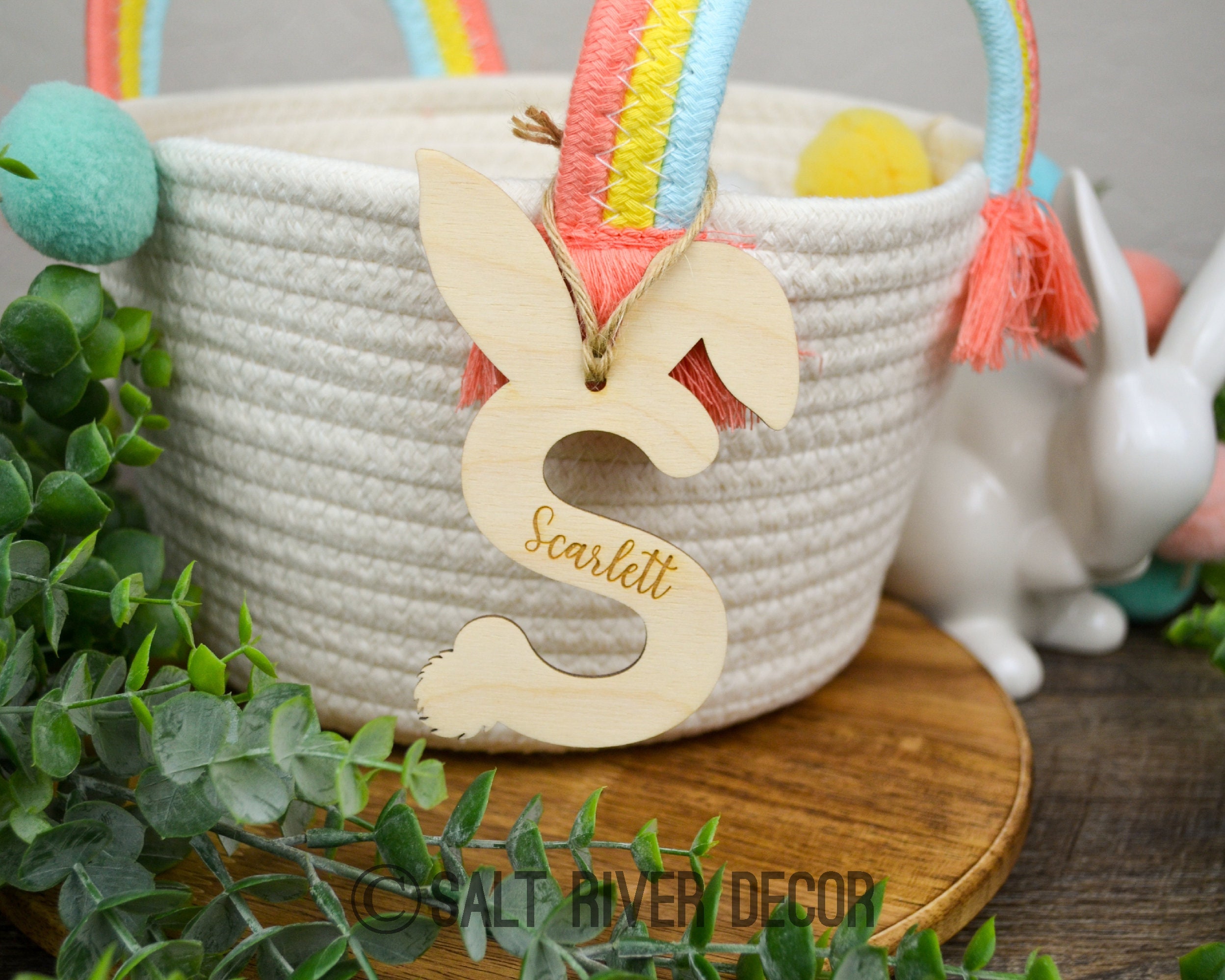 Personalized Engraved Easter Bunny Alphabet Basket Name Tag Natural ...