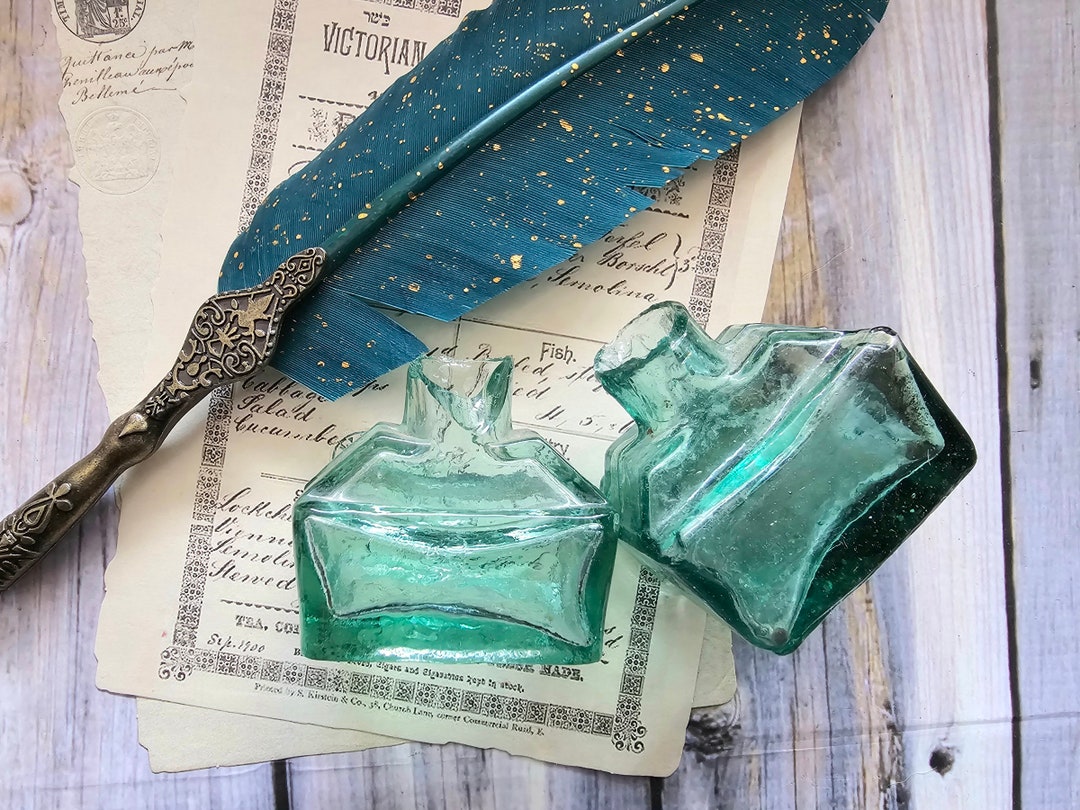 X2 1800s Aqua Inkwells Two Antique Shear Top Ink Wells Burst Lip ...