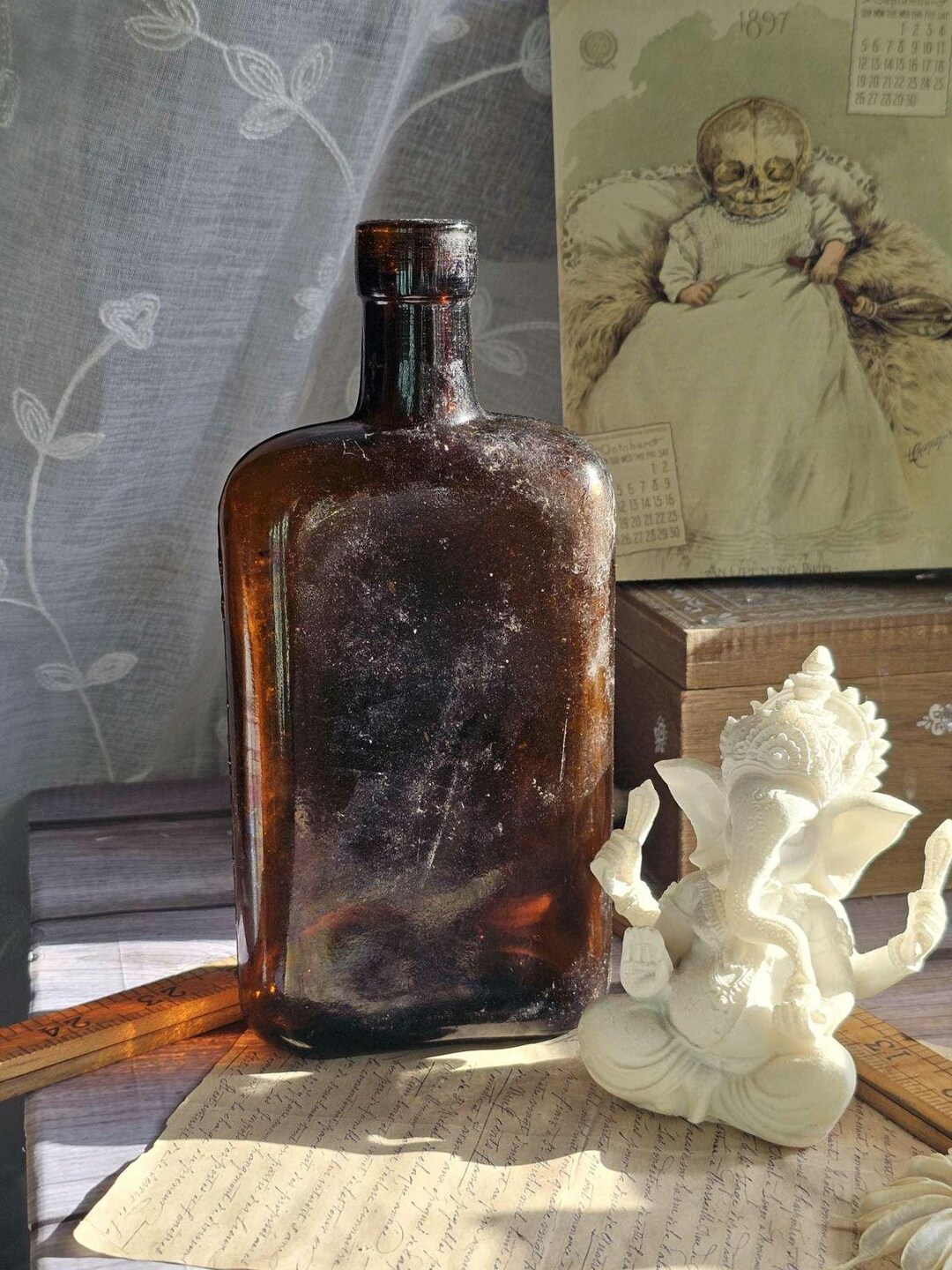 Old Flask Bottle Early 1900s Vintage Amber Glass Bottle Liquor Flask ...