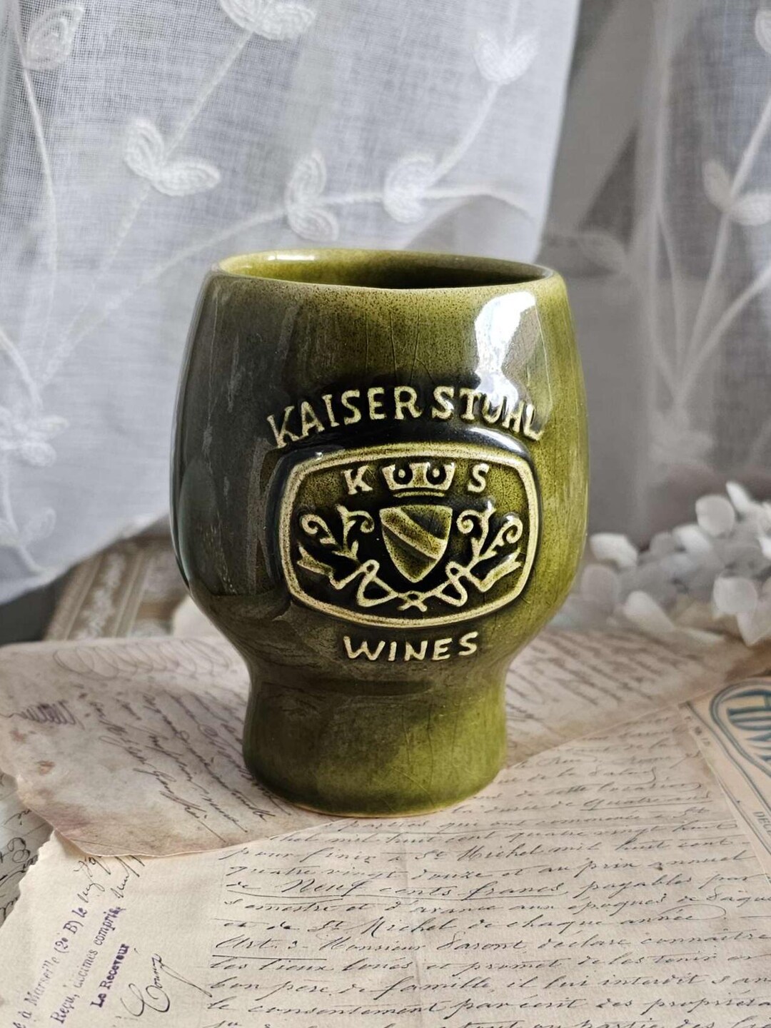 Vintage Elischer Pottery Kaiser Stuhl Wine Cup: Green Glazed Ceramic ...
