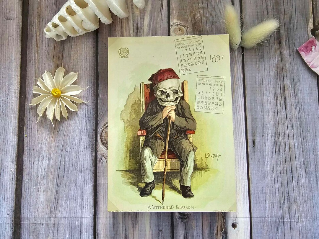 1800s SKELETON Calendar Art Print * Mounted on Wood Block * Antikamnia ...