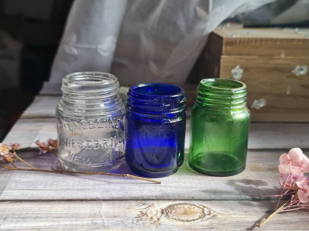 Trio of Vintage Bottles | X3 Jars | Vicks Cobalt Jar | Vaseline Clear ...