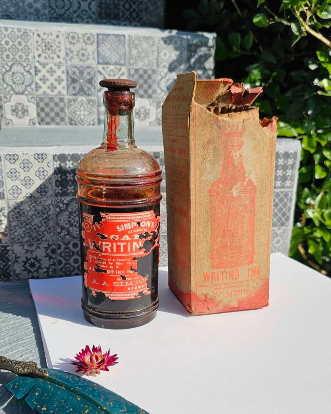 Vintage Ink Bottle 3/4 FULL ORIGINAL INK Stephens Red Ink With Partial ...