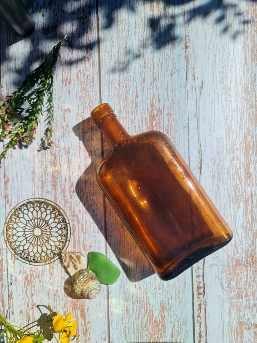 Old Flask Bottle Vintage Amber Glass Bottle Liquor Flask Small Posy ...