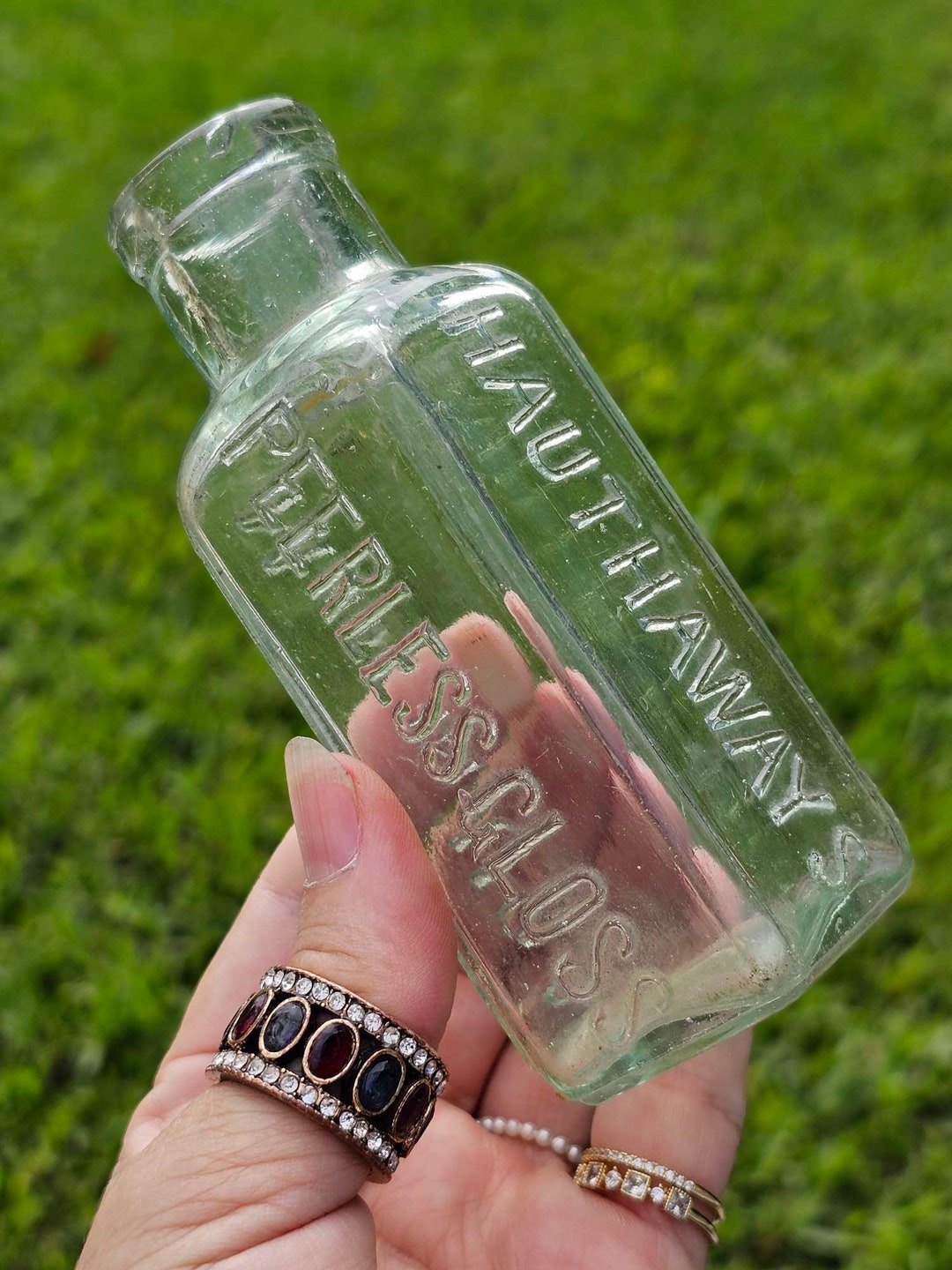 Antique Aqua Green Glass Bottle Hauthaway's PEERLESS GLOSS Made in USA ...