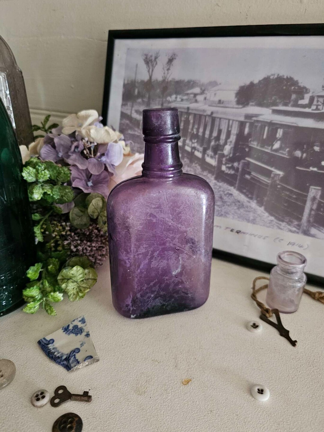 GORGEOUS 1800's Purple Flask Bubbles Antique Amethyst Bottle Amethyst ...