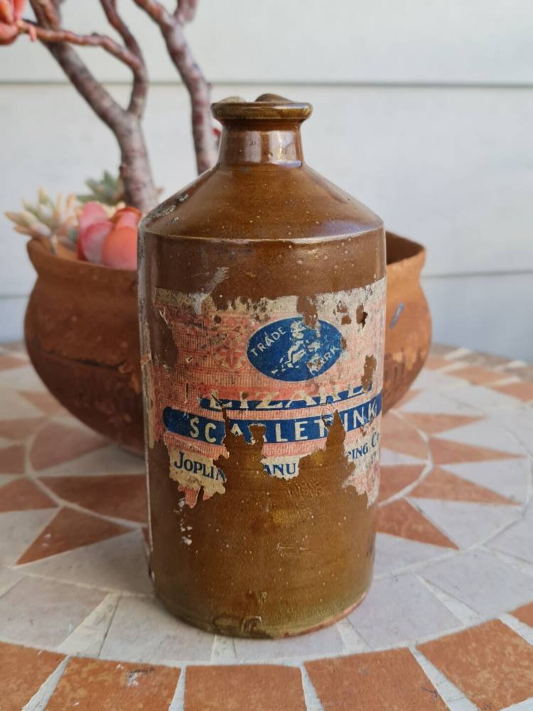 Large Antique Stoneware Ink Pot ORIGINAL LABEL Vintage Ink Well Rustic ...