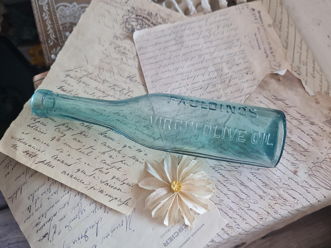 Antique Medicinal FAULDING'S Virgin Olive Oil Bottle | Tall Aqua Glass ...