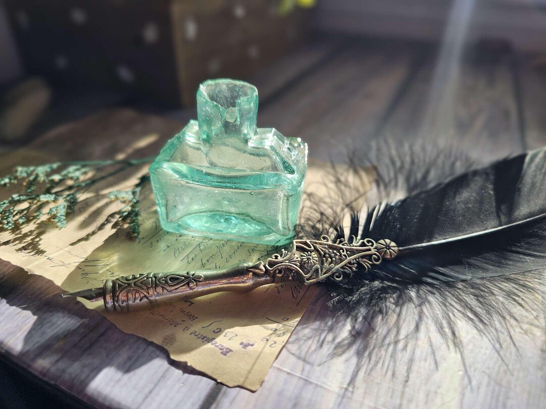 Antique Aqua Glass Inkwell * 1800s Shear Top Cabin Style Ink Well ...