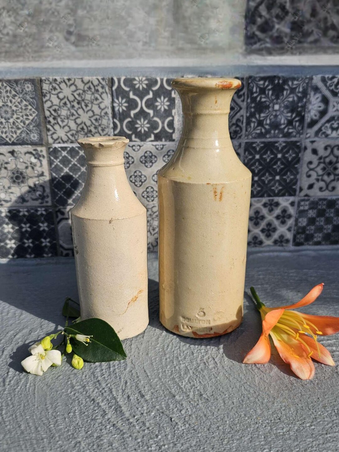 X2 1800'S Stoneware Ink Pots Two Vintage Bottles DOULTON LAMBETH 5 Salt ...