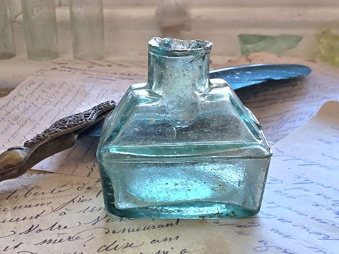 Antique Aqua Glass Inkwell * 1800s Shear Top Cabin Style Ink Well ...