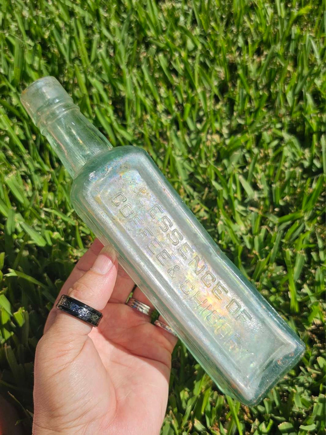 Vintage Aqua Glass Bottle: Coffee & Chicory Embossed, Lopsided Rustic ...