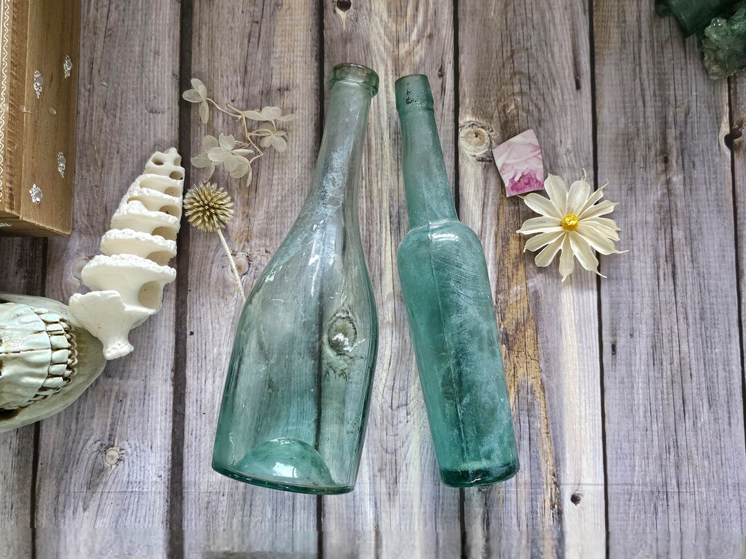 X2 1880's Aqua Bottles Set of Two Antique Glass Bottles Blown in Mold ...