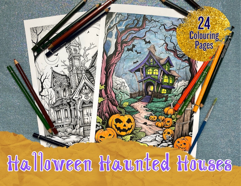24 A4 Size Colouring Pages, Halloween Haunted Houses, Adult Coloring ...