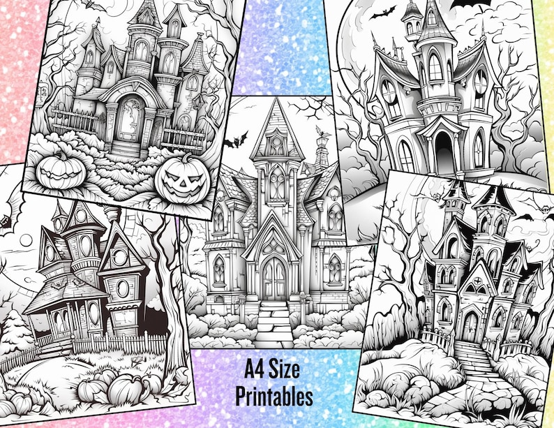 24 A4 Size Colouring Pages, Halloween Haunted Houses, Adult Coloring ...