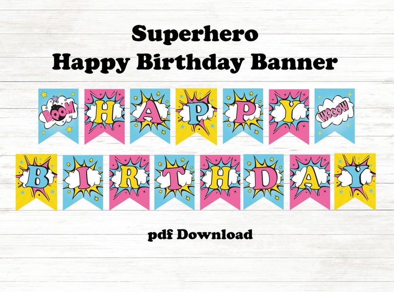 Superhero Party Happy Birthday Banner Girl Comic Clipart Pdf - Etsy ...
