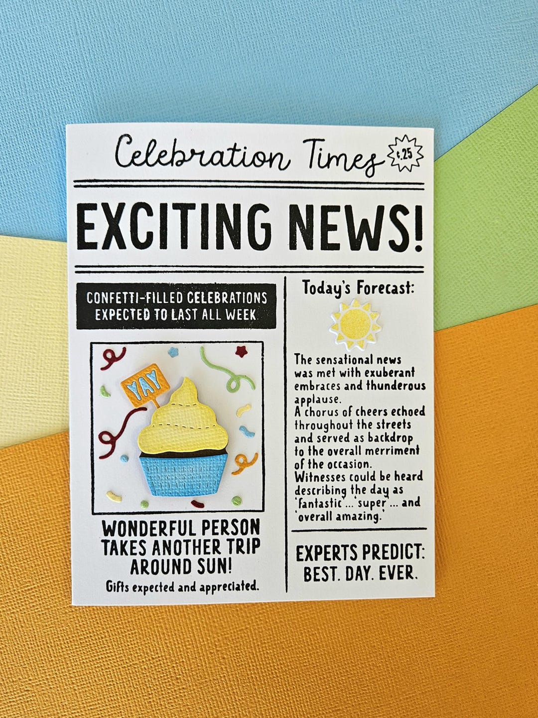 Newspaper Style Birthday Card: Hand Stamped, Cupcake Design, Happy ...