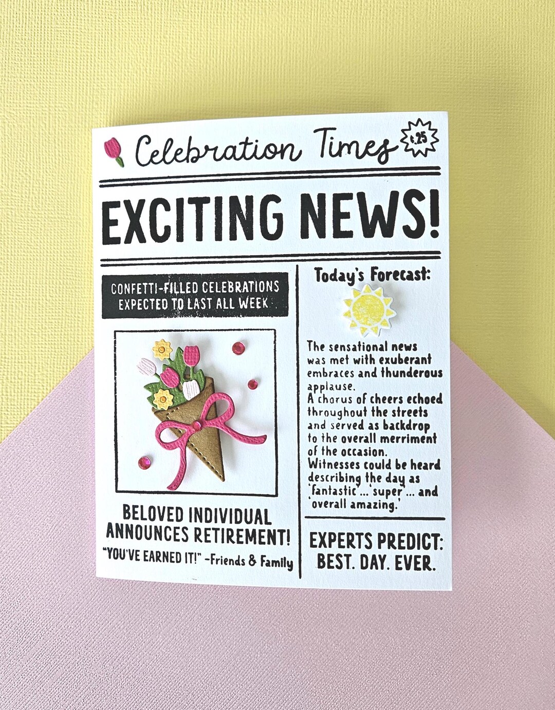 Hand Stamped Newspaper Retirement Card: Pink Flower Bouquet, Happy ...