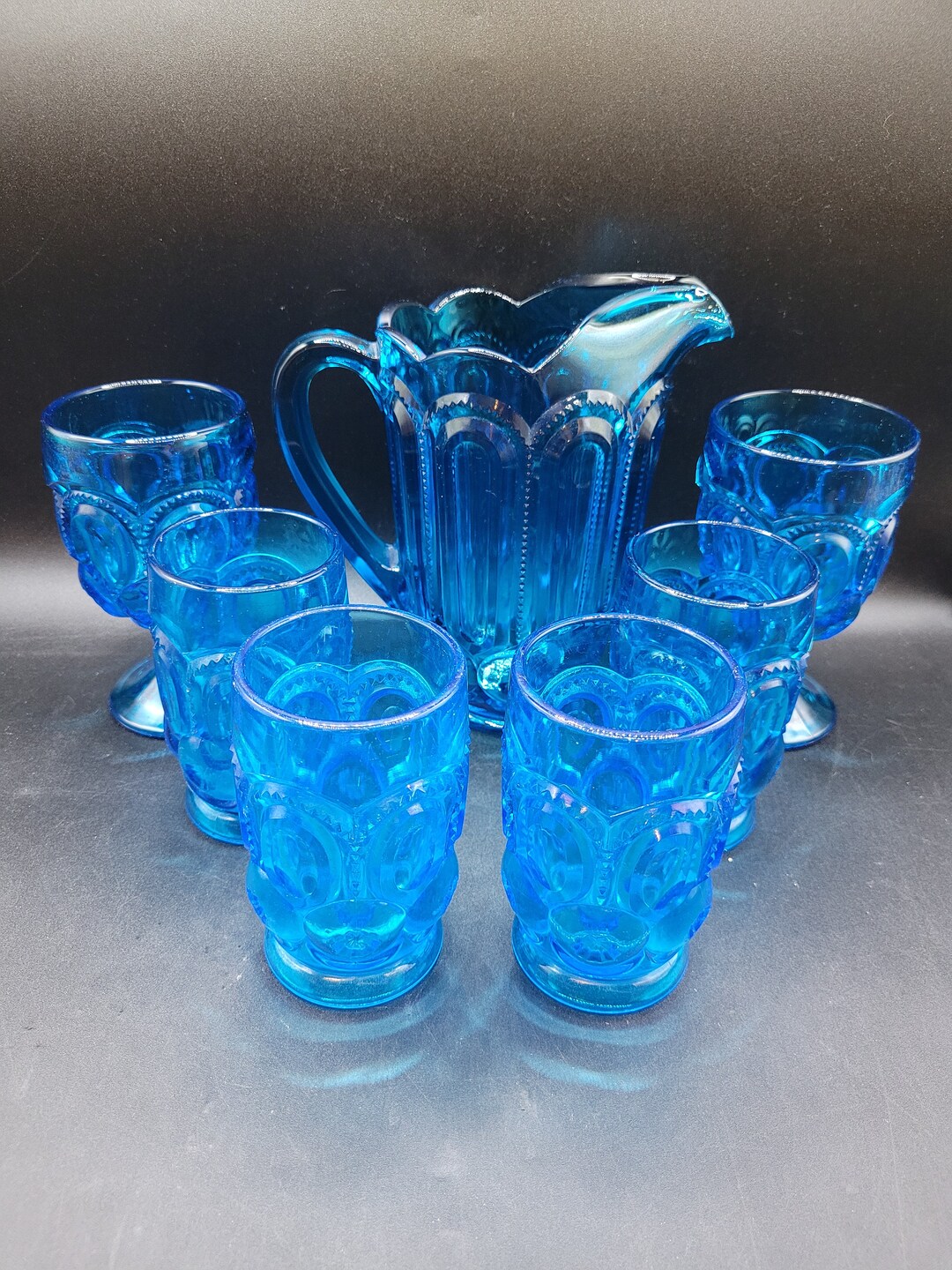 L.E. Smith Blue "moon & Stars" Pitcher W/ 6 Glasses - Etsy