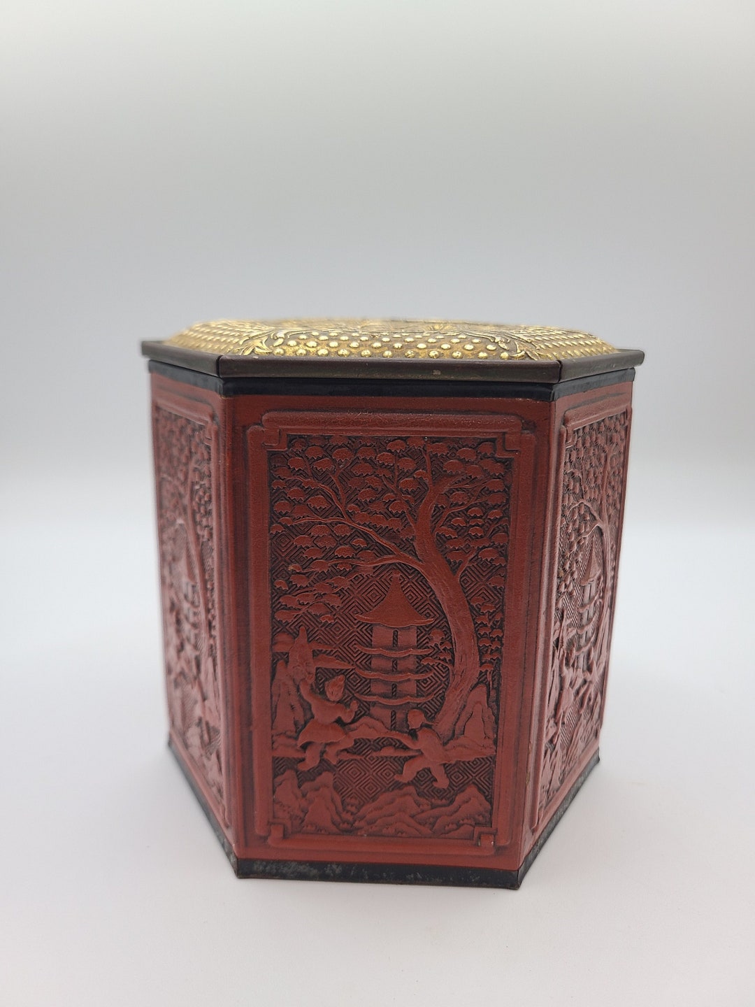 Guildcraft New York Embossed Hexagon Asian Tea Tin With Gold Dragon Lid ...