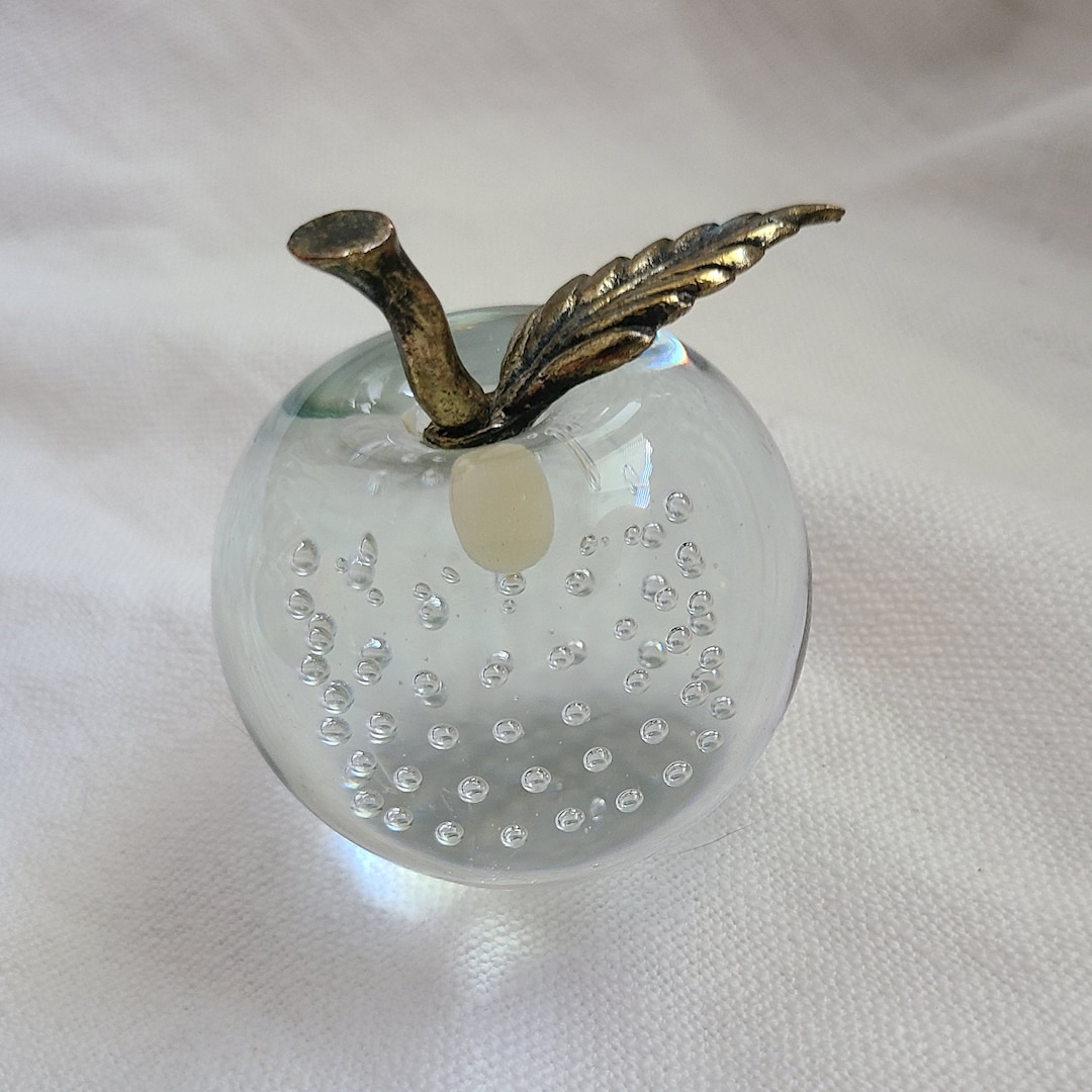 Glass Apple Paperweight With Bullicante and Brass Leaf and Stem - Etsy