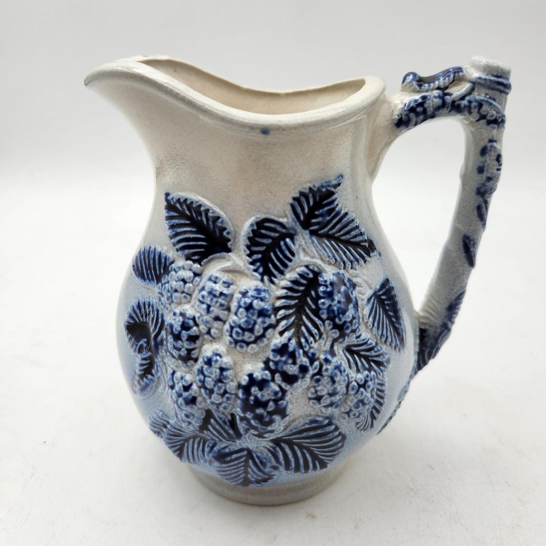 Salt Glaze Small Pitcher/creamer With Cobalt Leaves & Berries - Etsy