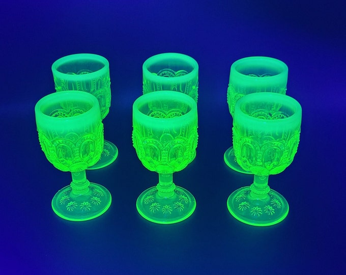 L G Wright Opalescent Vaseline Glass Moon & Stars Goblets Set of 6 - Etsy
