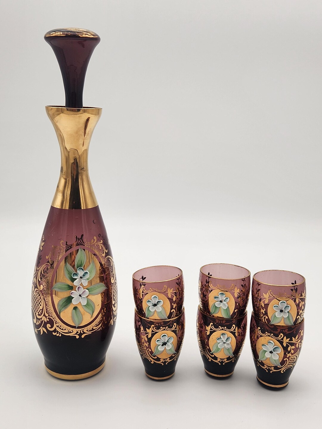 Vintage Bohemian Amethyst Hand-painted Decanter With 6 Cordials - Etsy