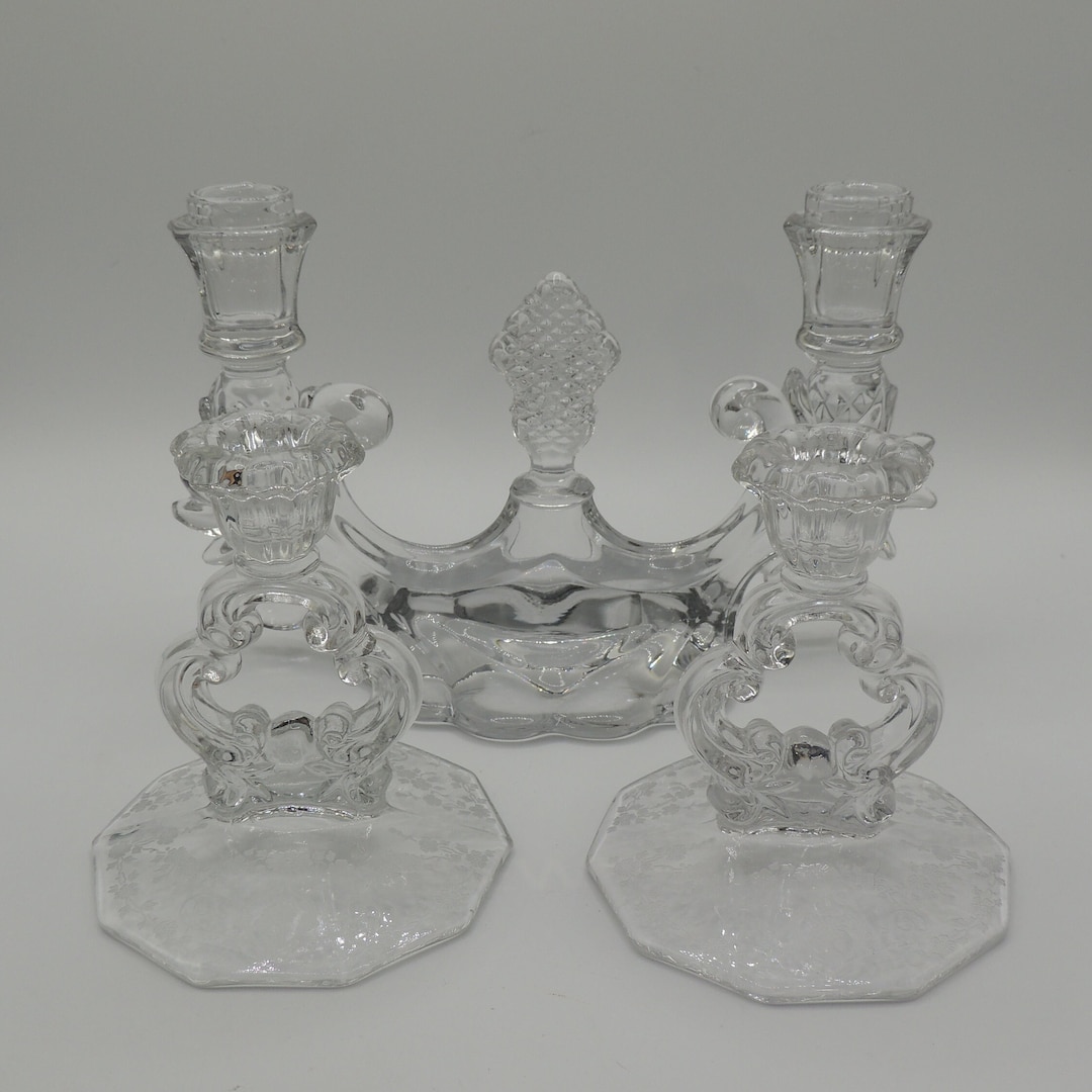 Cambridge Caprice Double Candlestick Holder & Rose Point Candlestick ...