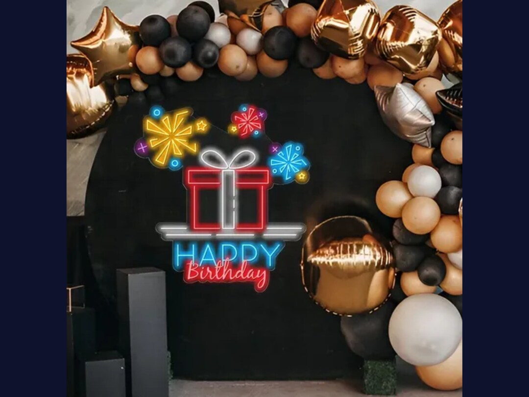Happy Birthday With a Gift Box Neon Sign Personalized Neon Birthday ...