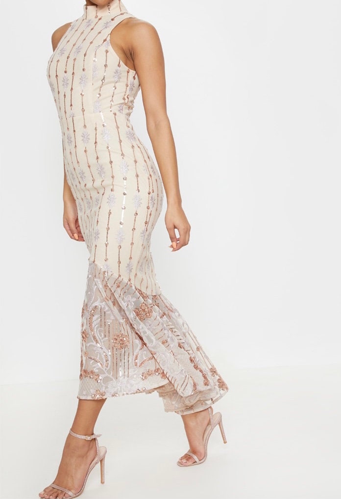 Rose Gold Sequin High Neck Fishtail Midaxi - Etsy
