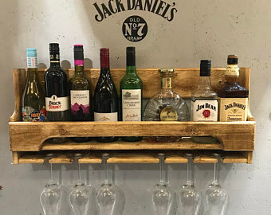 75cm Floating Home Bar/ Wine or Spirit Rack Curved Front Dark Oak Wax ...