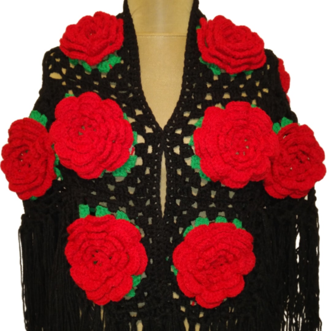 Red Rose Crochet Shawl: Wool Afghan Wrap - Etsy
