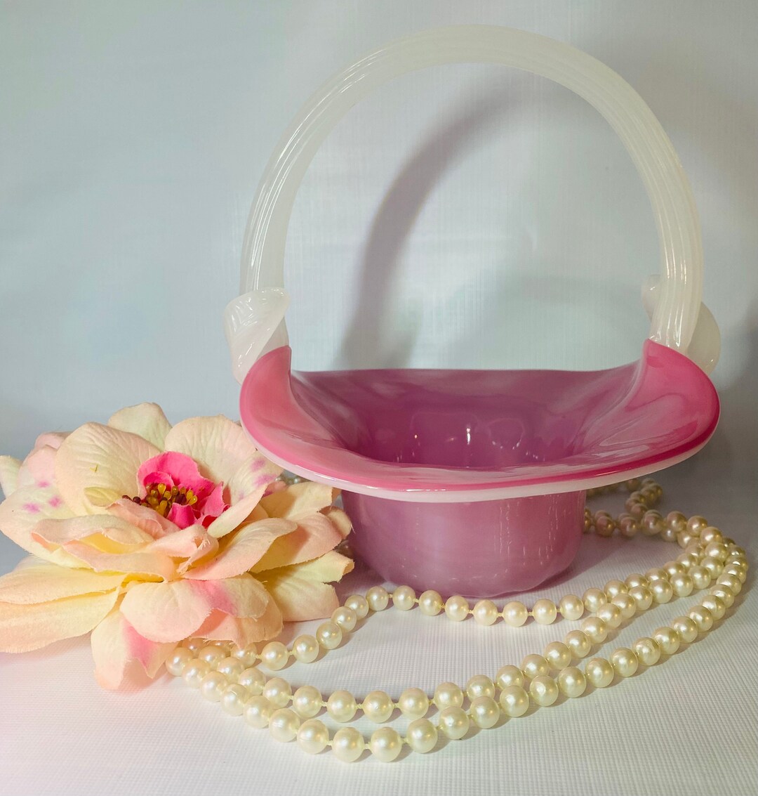 Pink Slag Glass and Opaline Handled Basket - Etsy