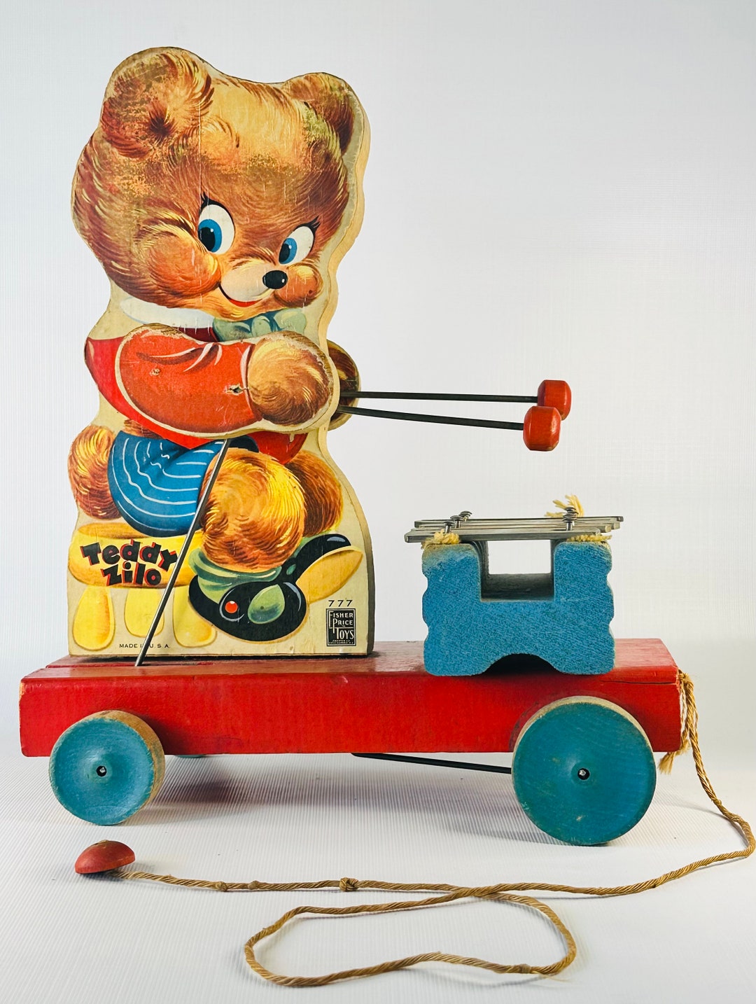 Vintage 1950s Fisher Price zilo Teddy Musical Wood Pull Toy Teddy Plays ...